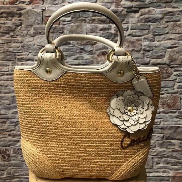 Coach | Bags | Coach Raffia Straw And White Leather Bag With Flower ...